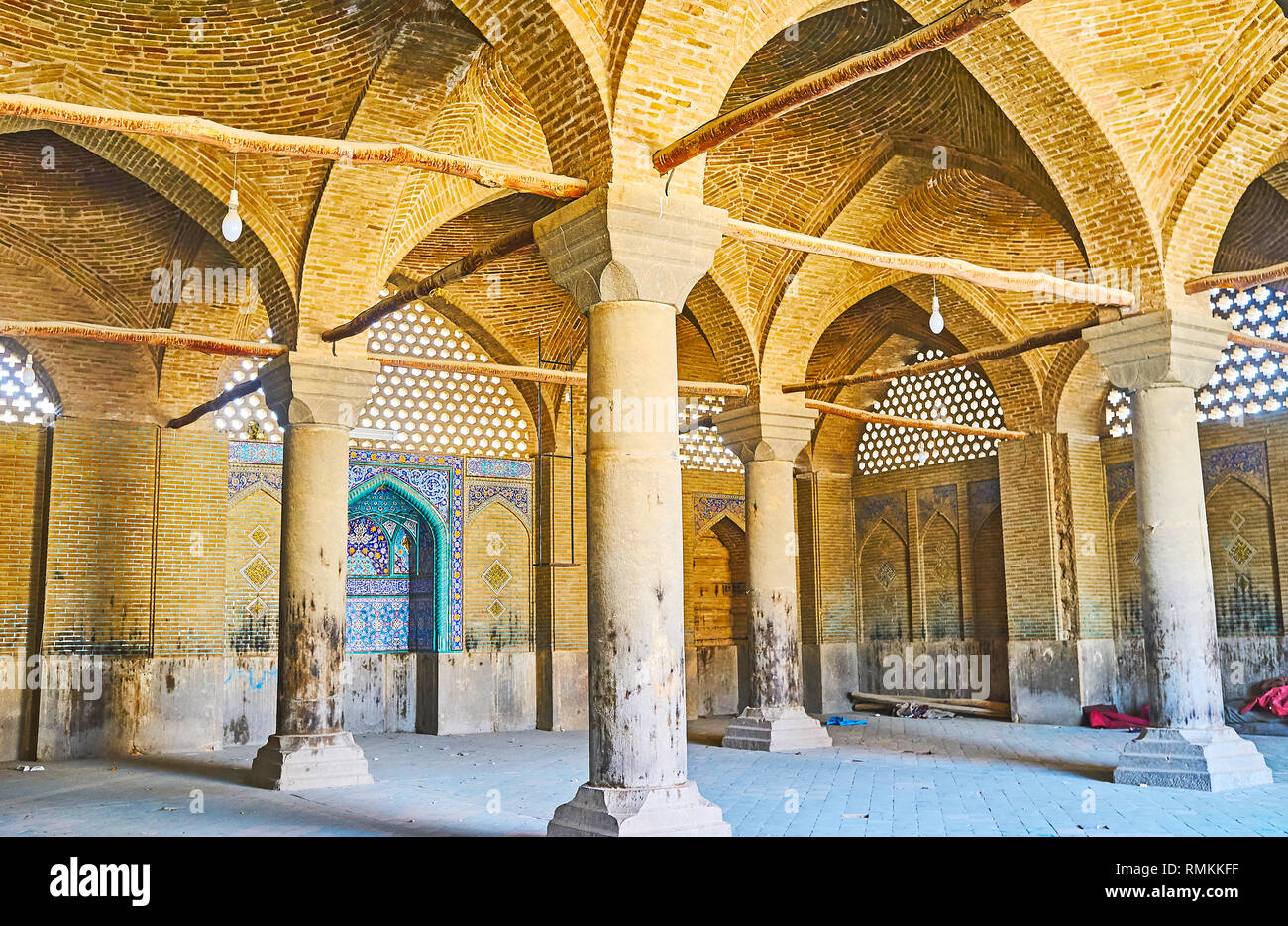 ISFAHAN, IRAN - OCTOBER 21, 2017: The column hall of Seyed Mosque with ...