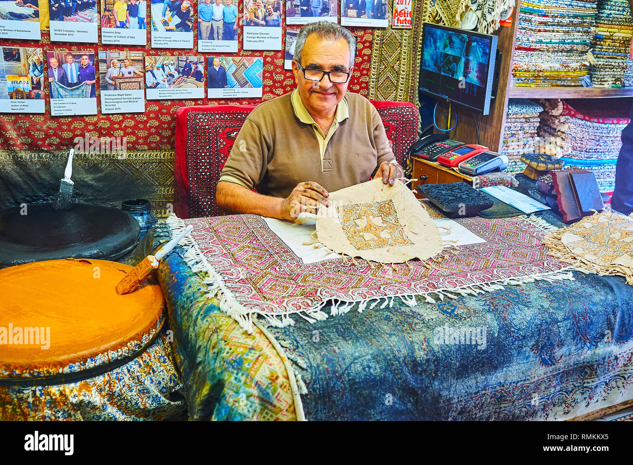 ISFAHAN, IRAN - OCTOBER 21, 2017: The hand printing of fabrics with ...