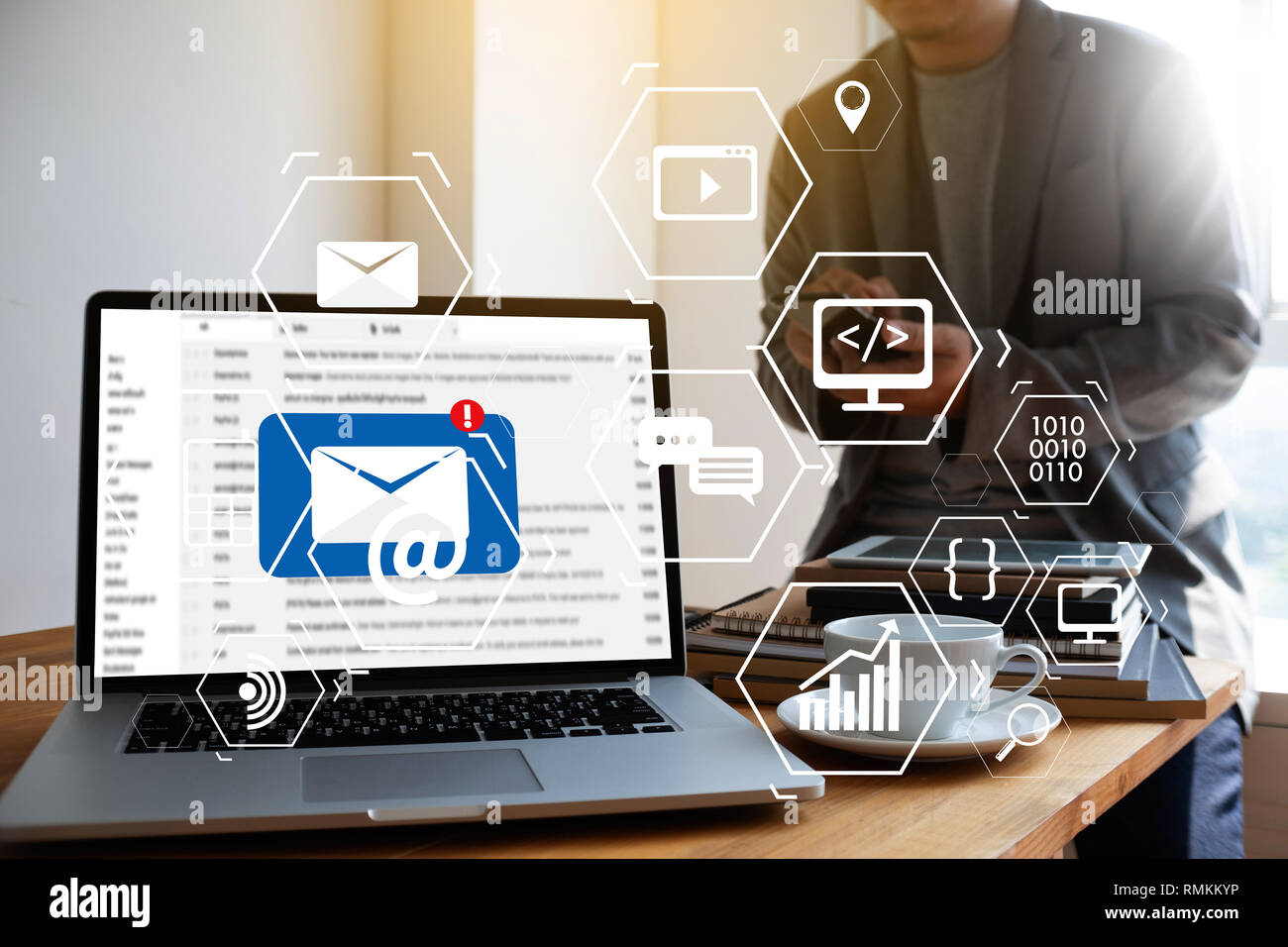 Man using tablet computer virtual interface graphic icons network ...