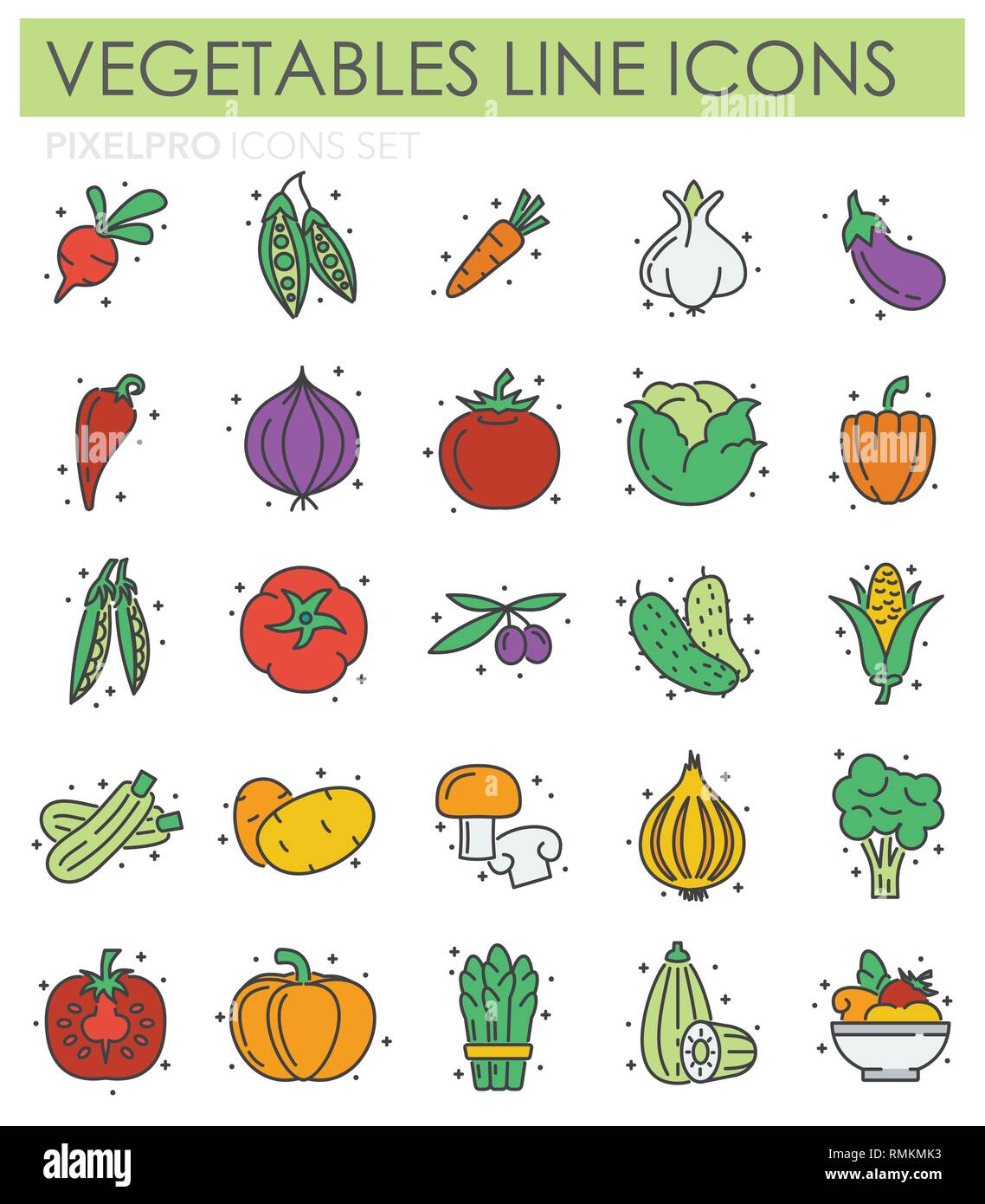 Vegetables line icons set on white background for graphic and web ...