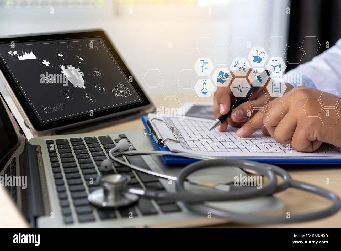 Health care writing prescription Doctor working modern virtual screen ...