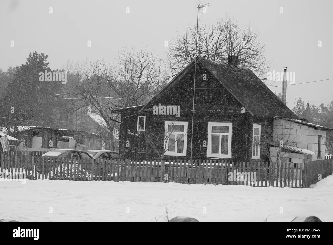 Beautiful winter landscape house Black and White Stock Photos & Images ...