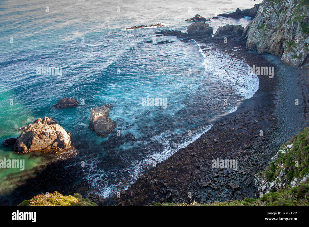 Roaring Bay, Nugget Point, in the Catlins, New Zealand. Aerial view ...