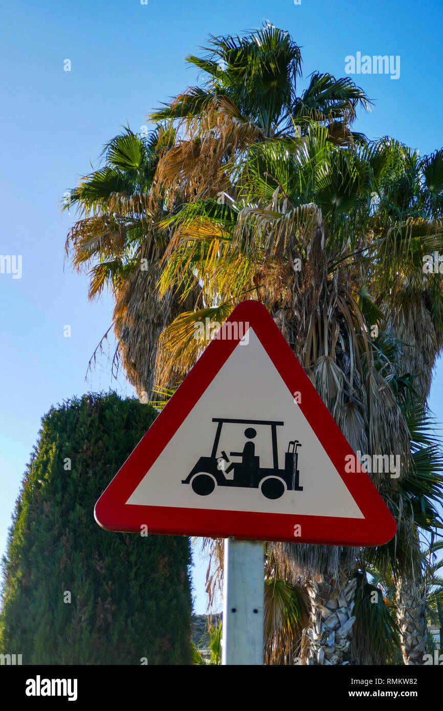 Golf cart, golf buggy, warning sign, beware, Bonalba golf resort ...