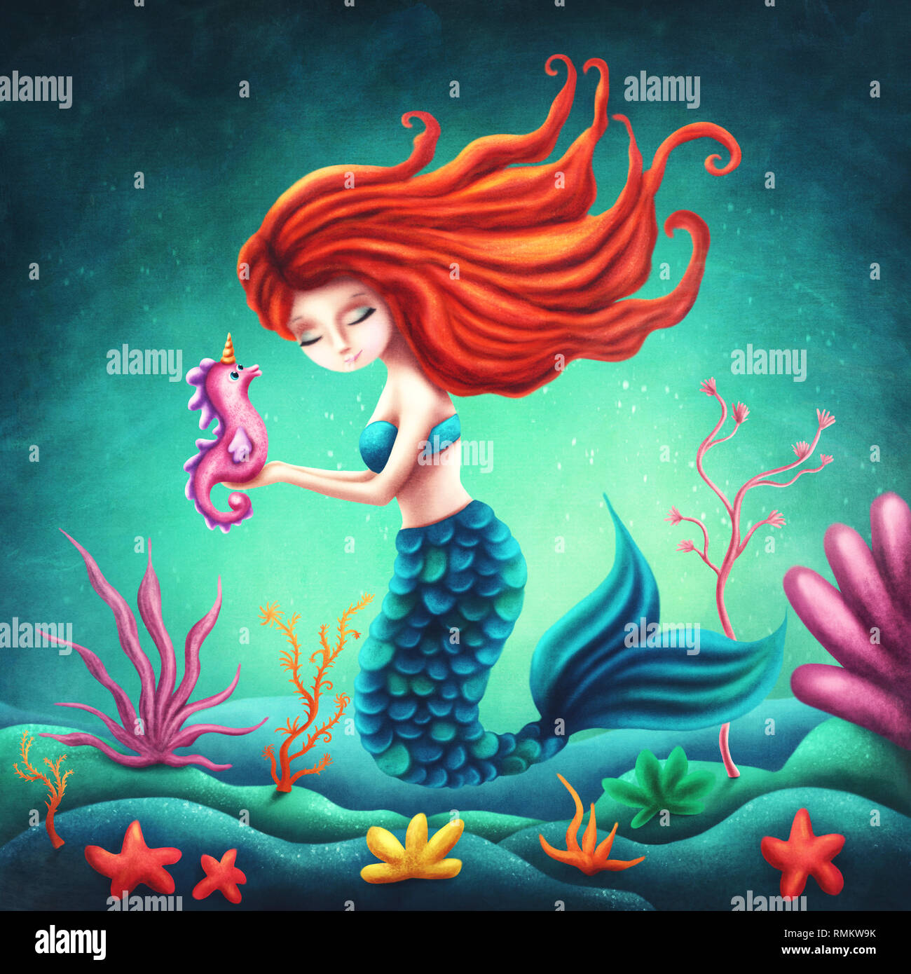 Illustration of a cute mermaid with a seahorse Stock Photo - Alamy