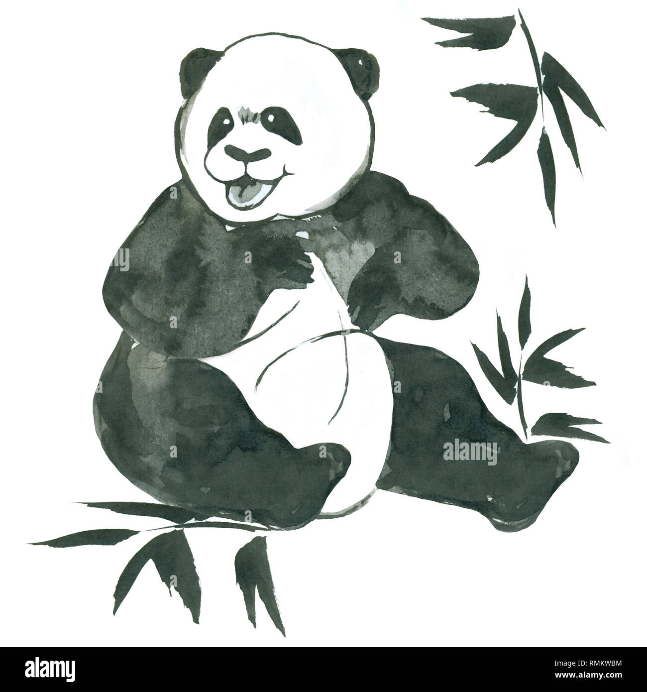 funny smiling sitting ink panda with bamboo branches isolated on white ...