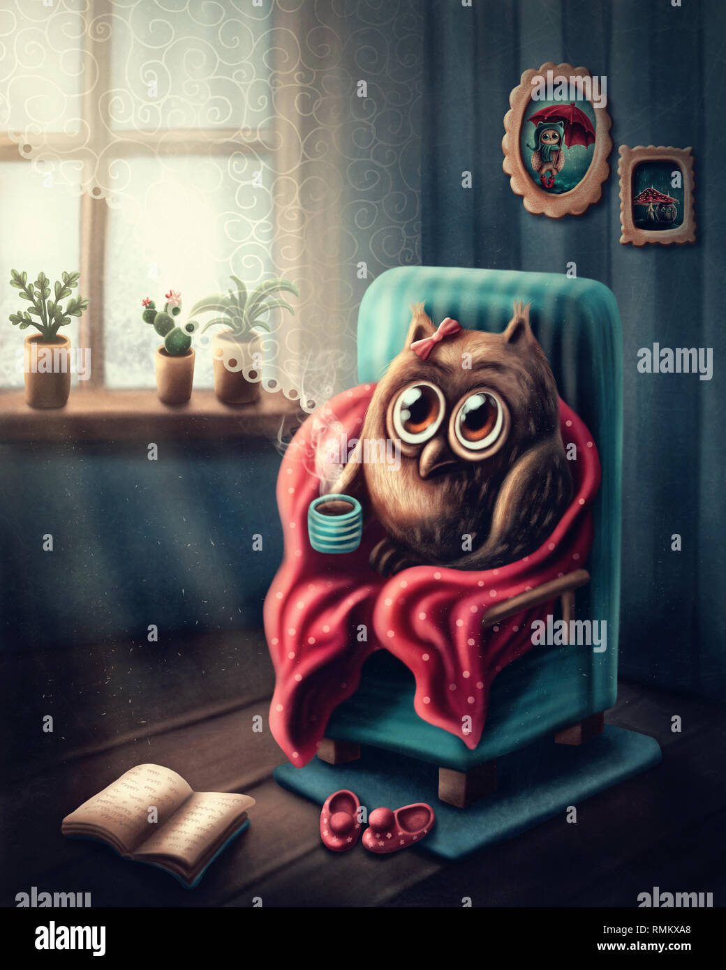 Little owl sitting in the chair and drinking koffee Stock Photo - Alamy