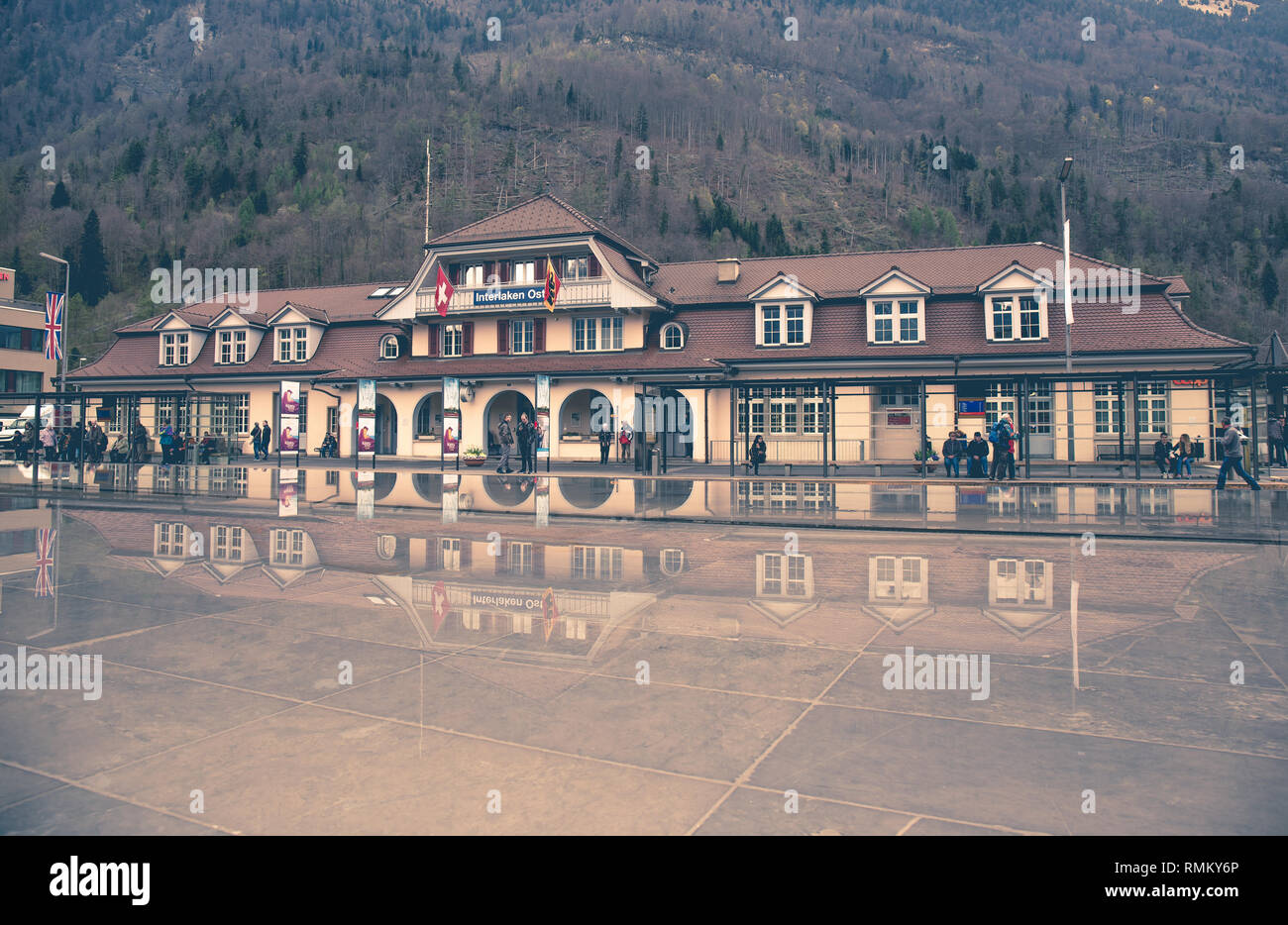 INTERLAKEN, SWITZERLAND - APRIL 19: Interlaken Ost railway station on ...