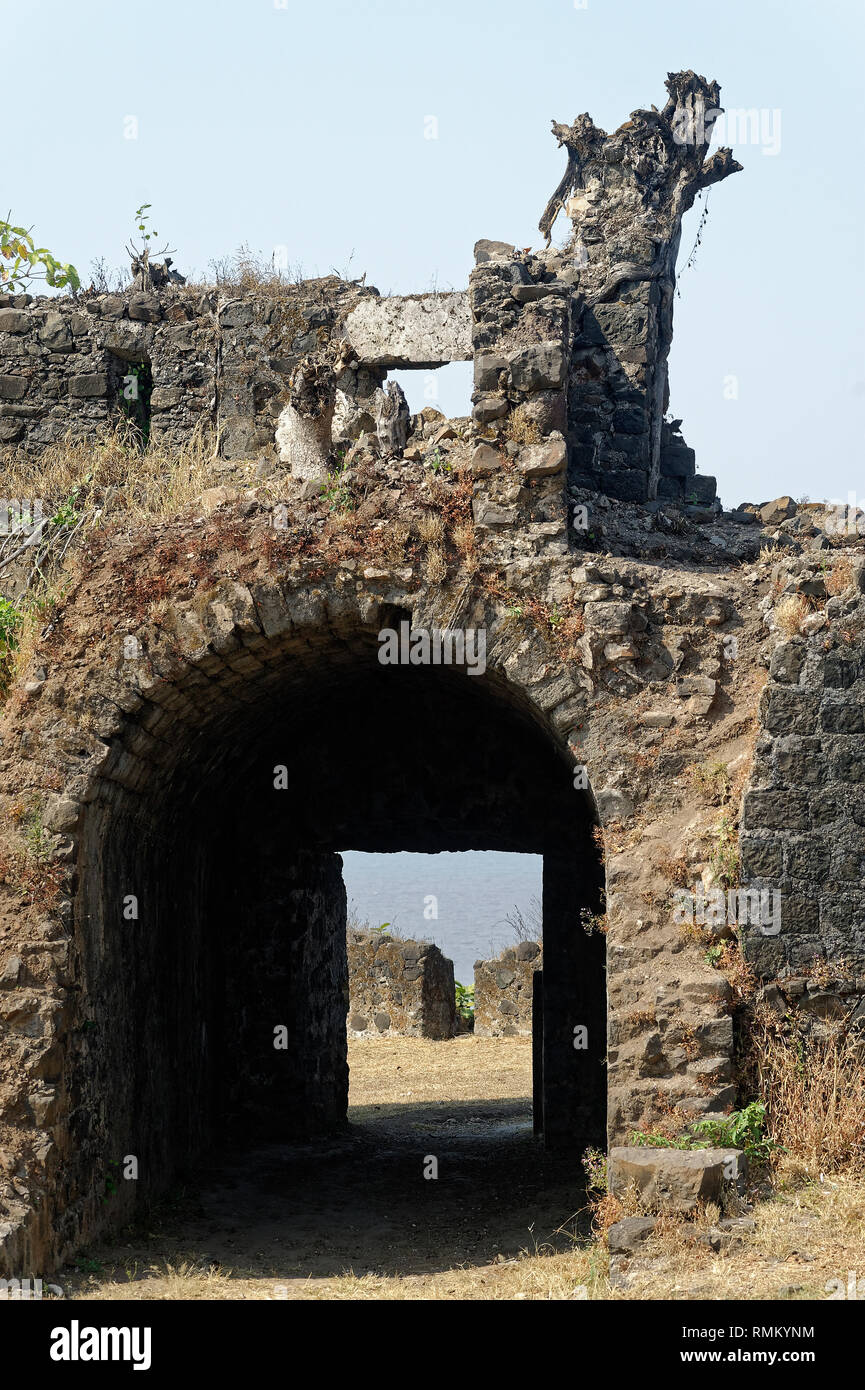 Old fort Korlai fortification wall and ruin structures inside the fort ...