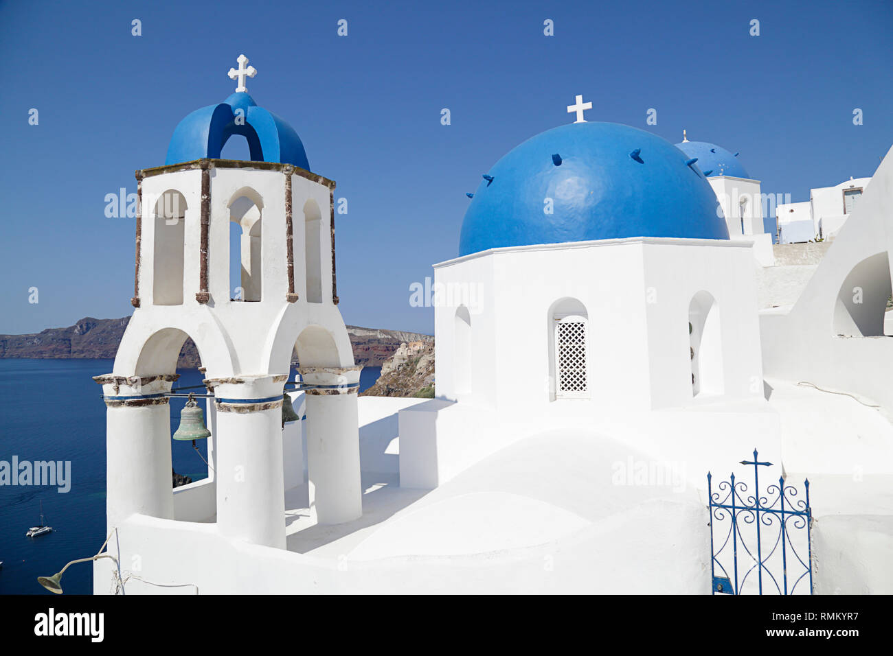 Churches with blue domes in Oia town on Santorini island, Greece Stock ...
