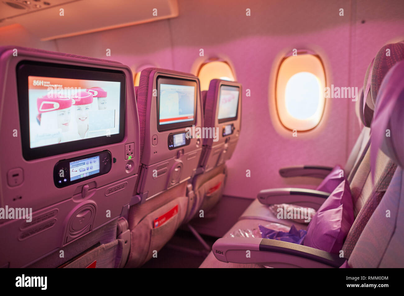 HONG KONG - MARCH 09, 2015: inside of Emirates Airbus A380. The Airbus ...