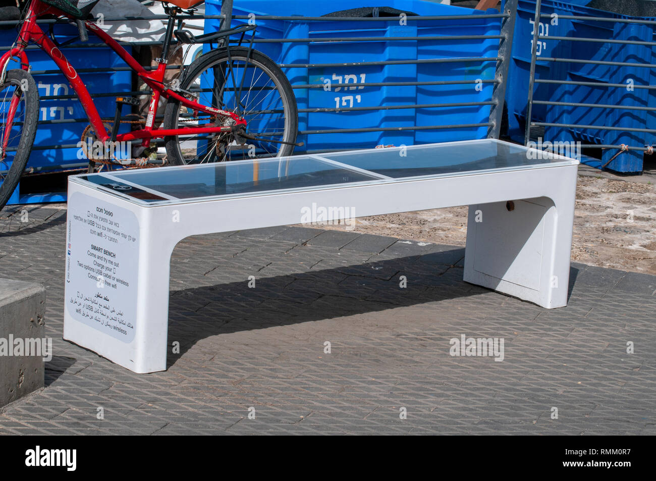 Solar smartphone charging bench. Photographed in Jaffa, Israel Stock ...