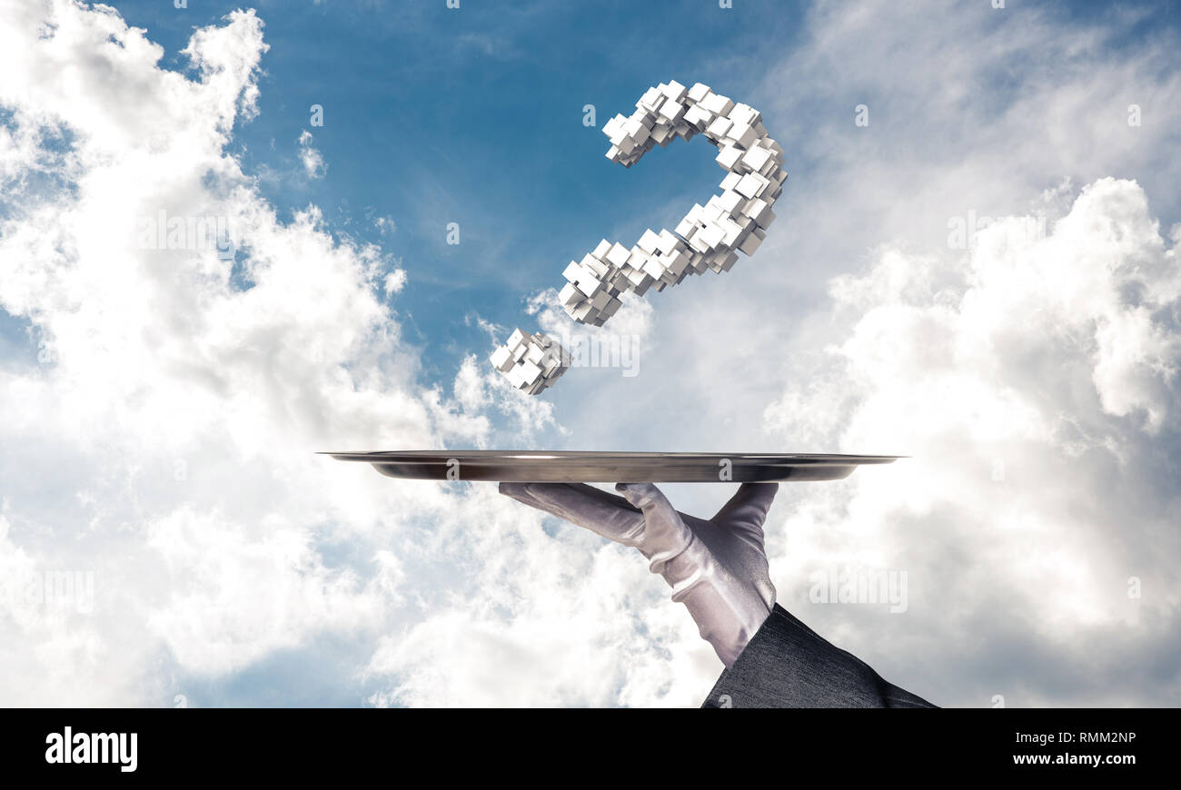 Hand of waiter presenting question mark on tray Stock Photo - Alamy