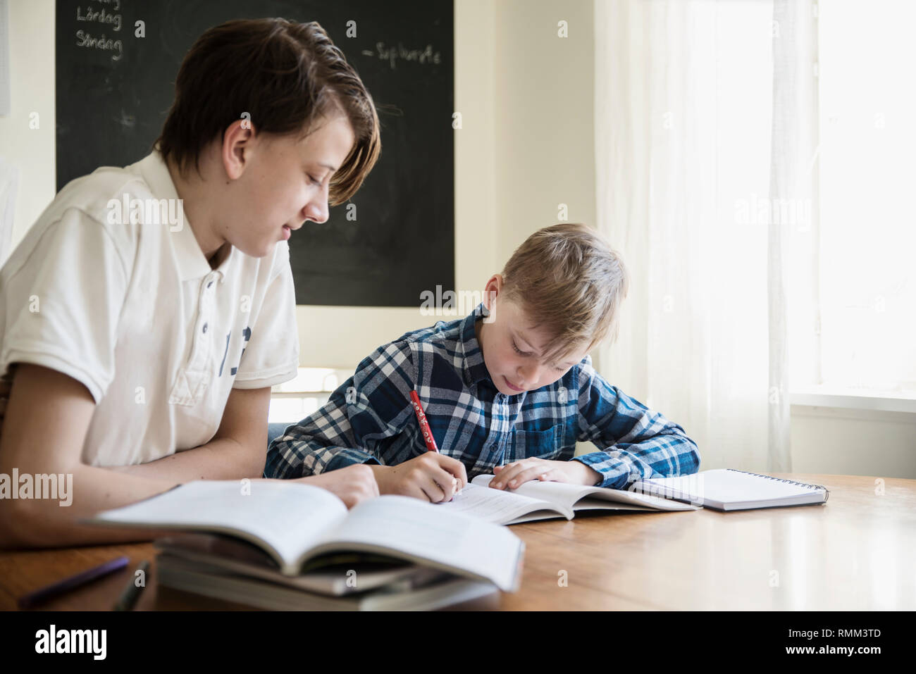 Brothers doing homework Stock Photo - Alamy