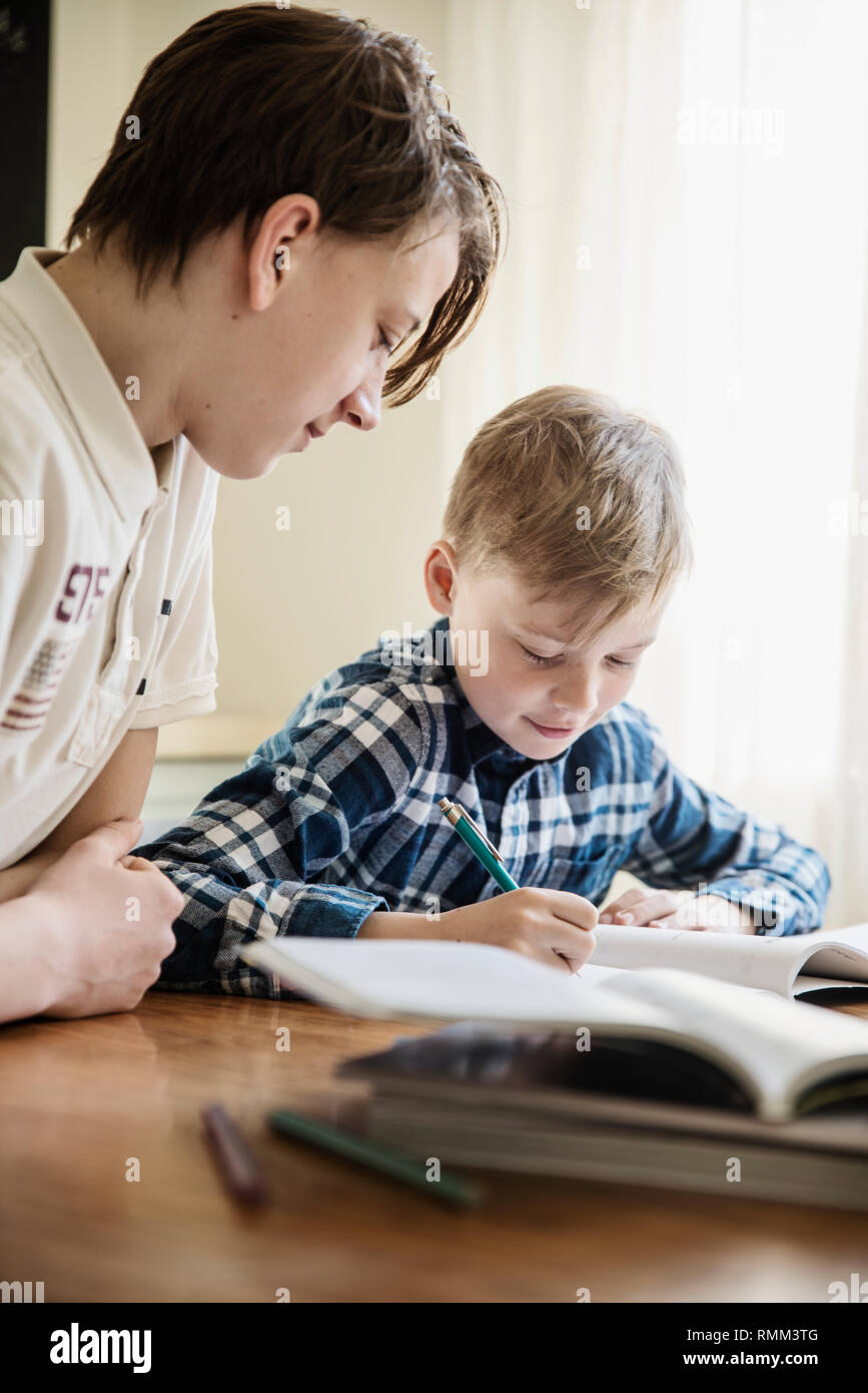 Brothers doing homework Stock Photo - Alamy