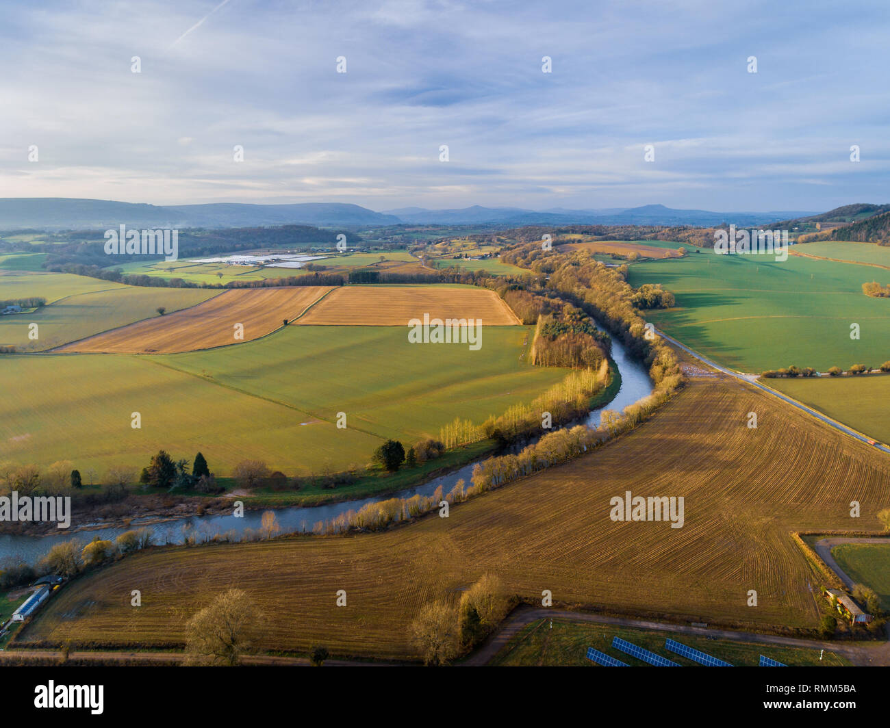Aerial view of the River Usk in the countryside of Usk, Monmouthshire ...