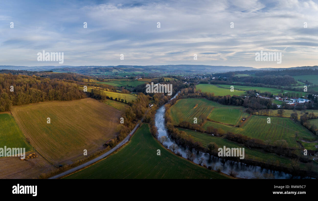 Aerial view of the River Usk in the countryside of Usk, Monmouthshire ...