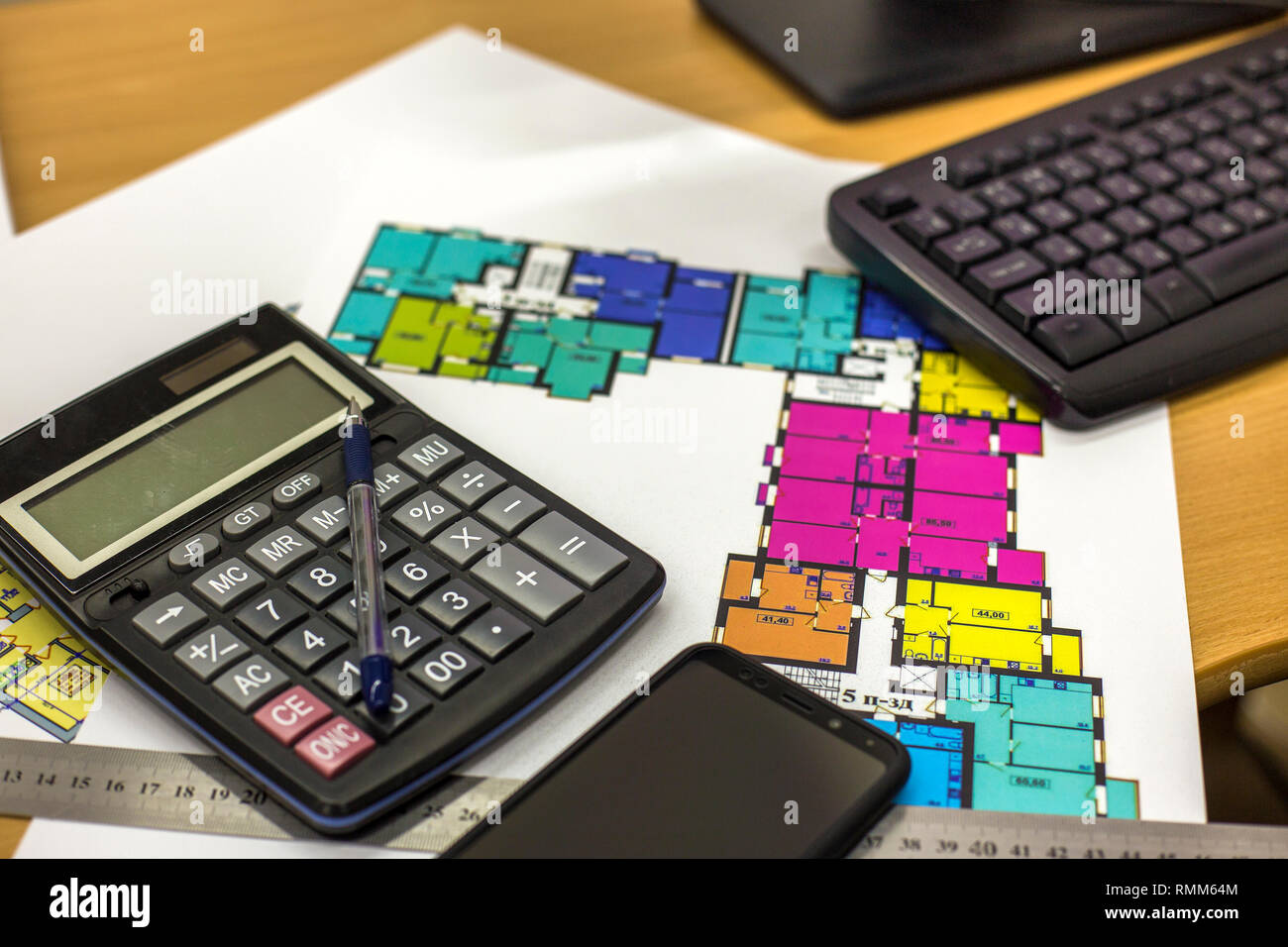 Calcurator, pen and ruler on building house architecture plan drawing ...