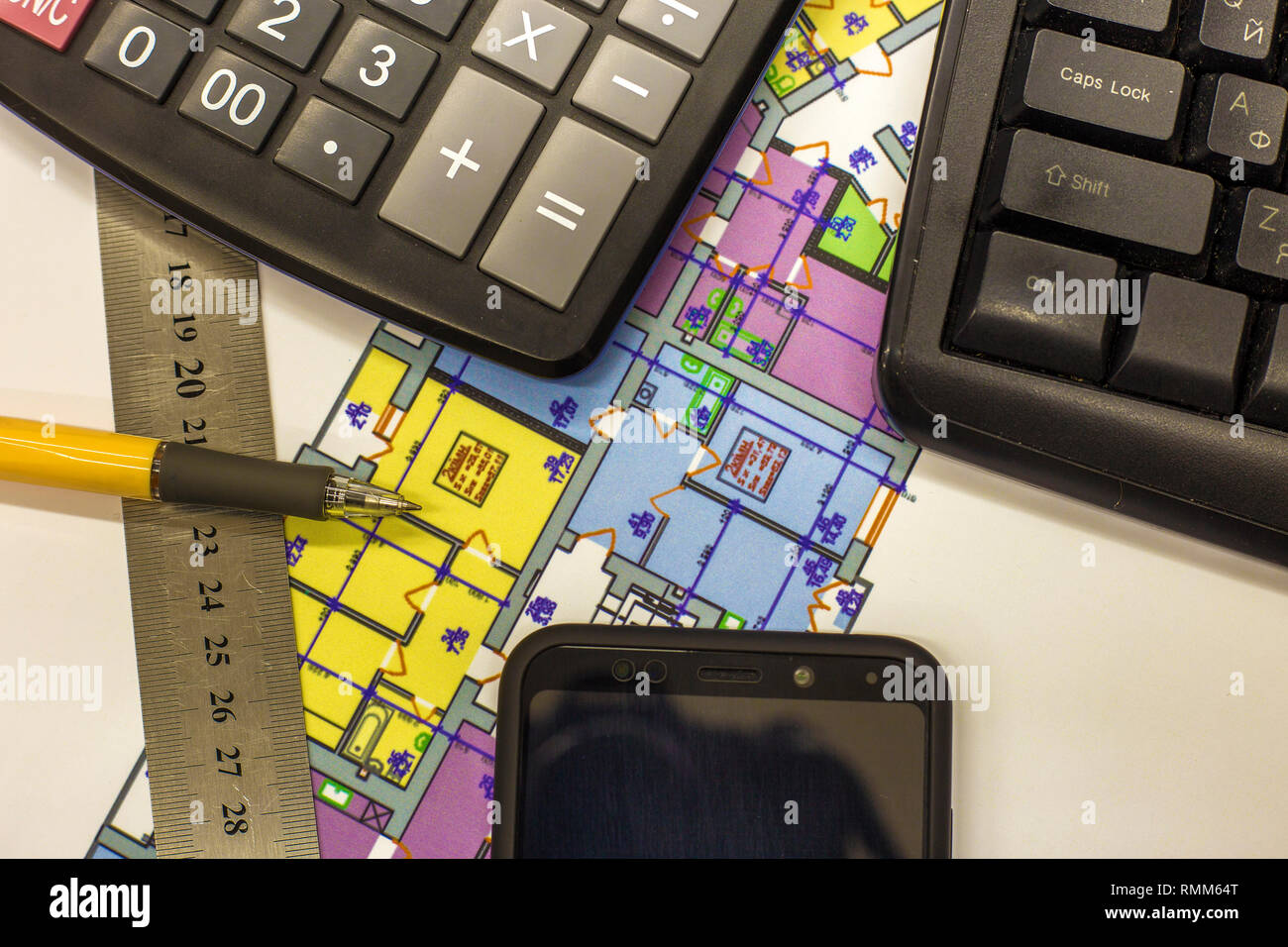 Calcurator, pen and ruler on building house architecture plan drawing ...