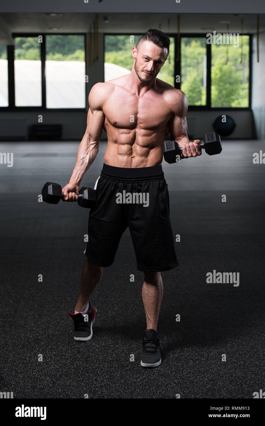 Man Working Out Biceps In A Gym - Dumbbell Concentration Curls Stock ...