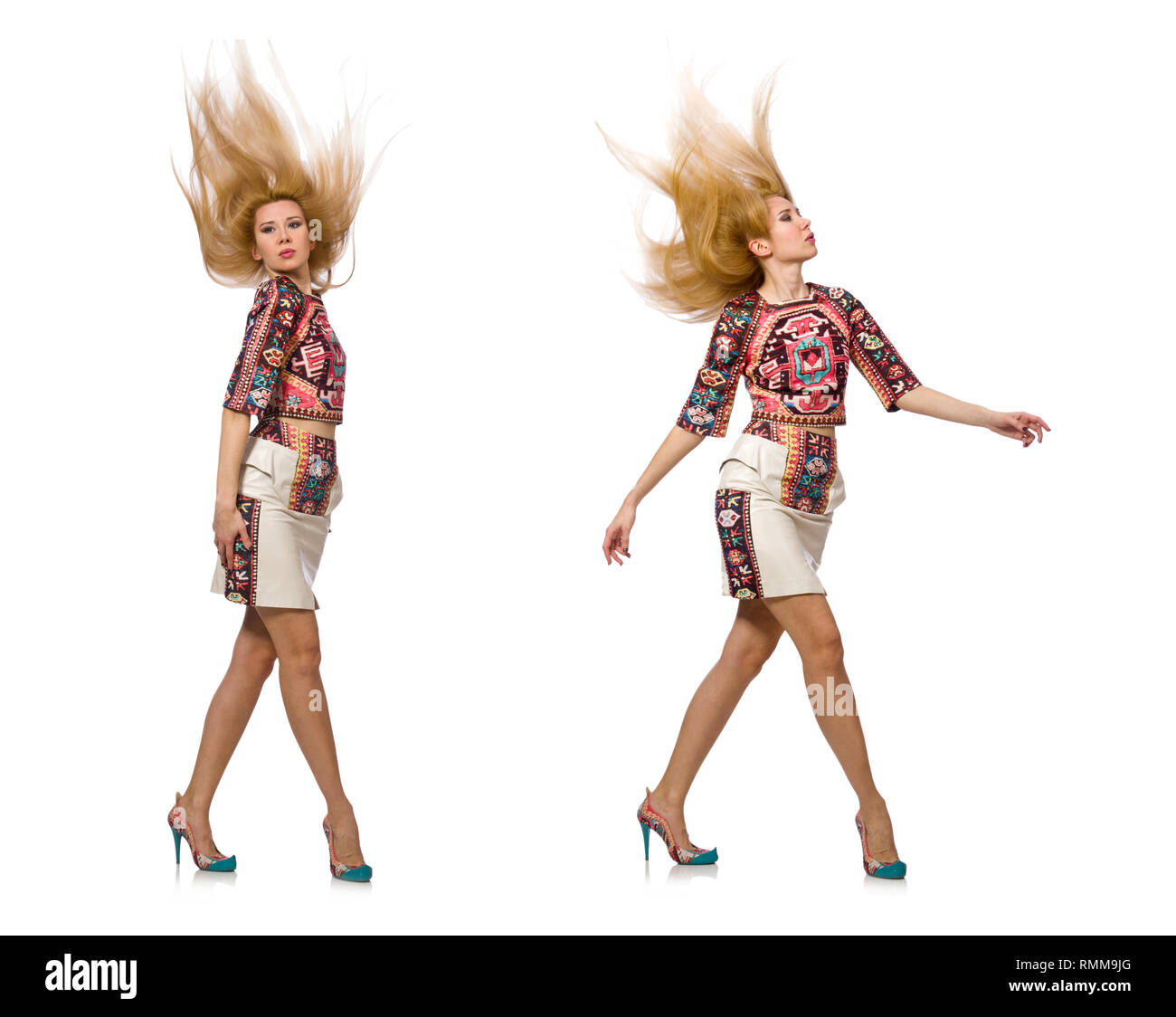 Pretty model in clothes with carpet prints isolated on white Stock ...