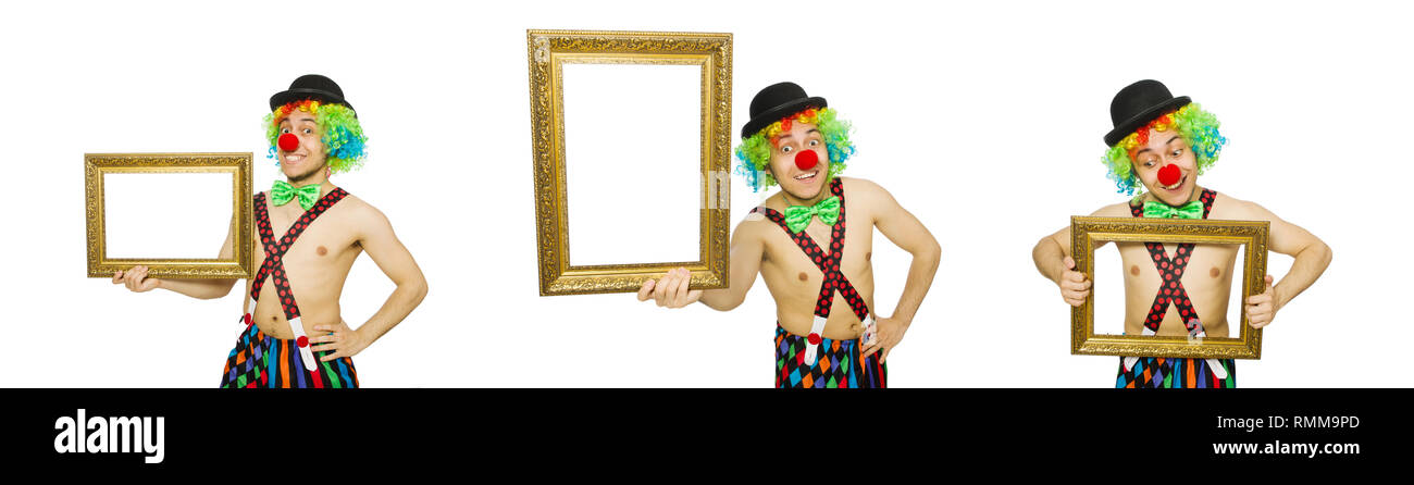Clown with picture frame isolated on white Stock Photo - Alamy