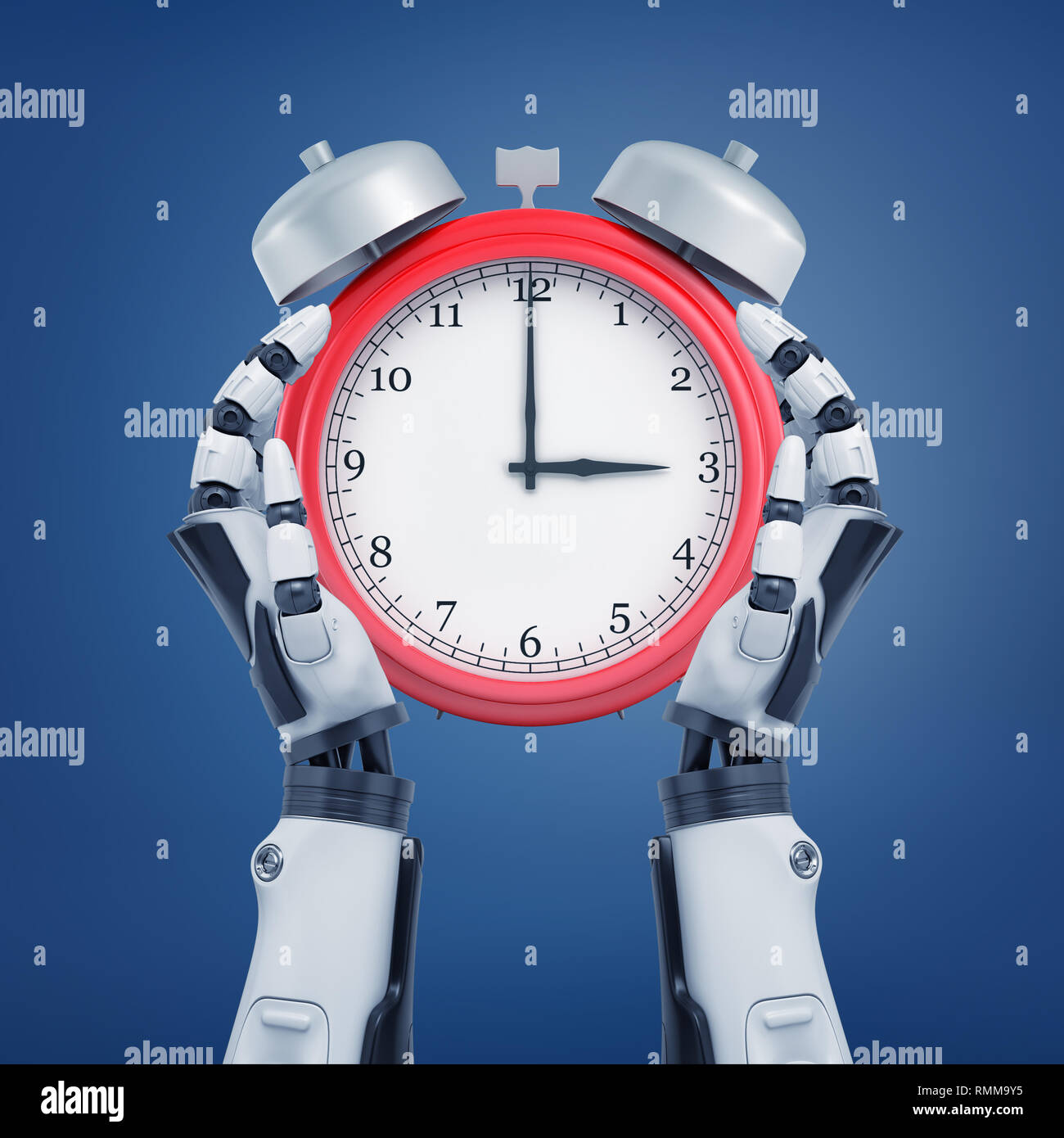 3d rendering of two robotic arms carefully holding a red retro alarm ...