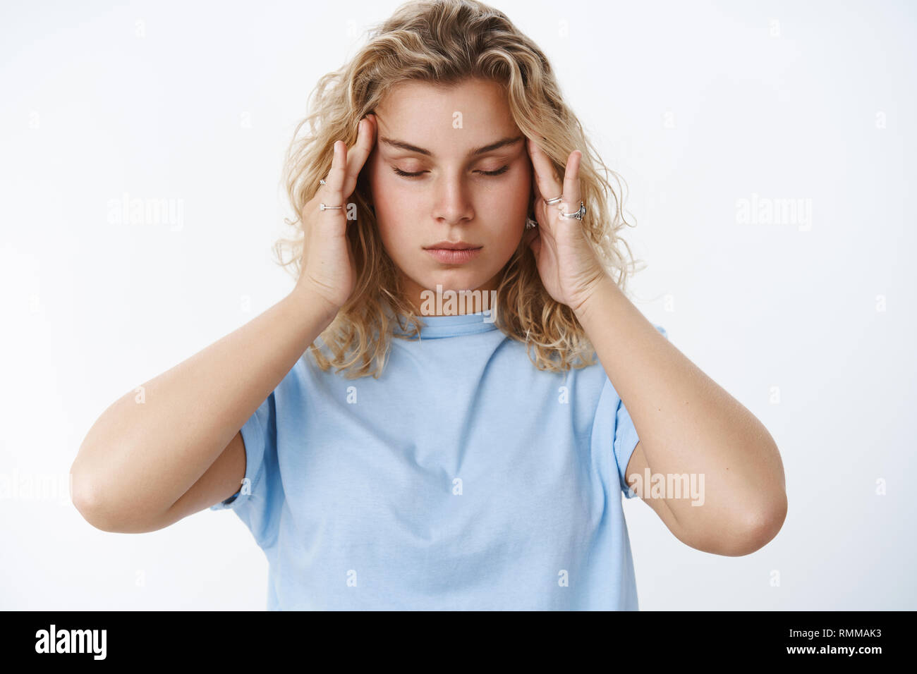Woman trying keep emotions under control feeling distressed and drained ...