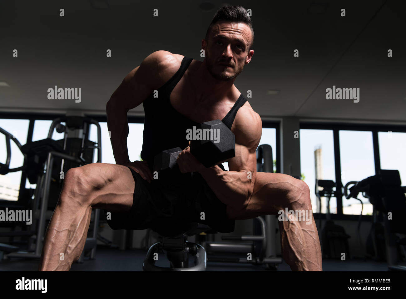 Man Working Out Biceps In A Gym - Dumbbell Concentration Curls Stock ...