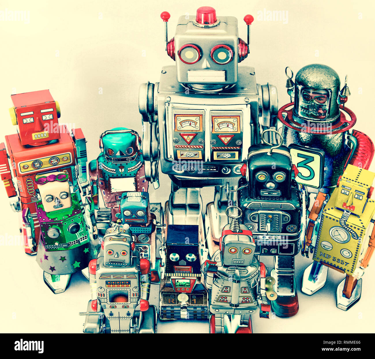 a large group of retro bots solarized color Stock Photo - Alamy