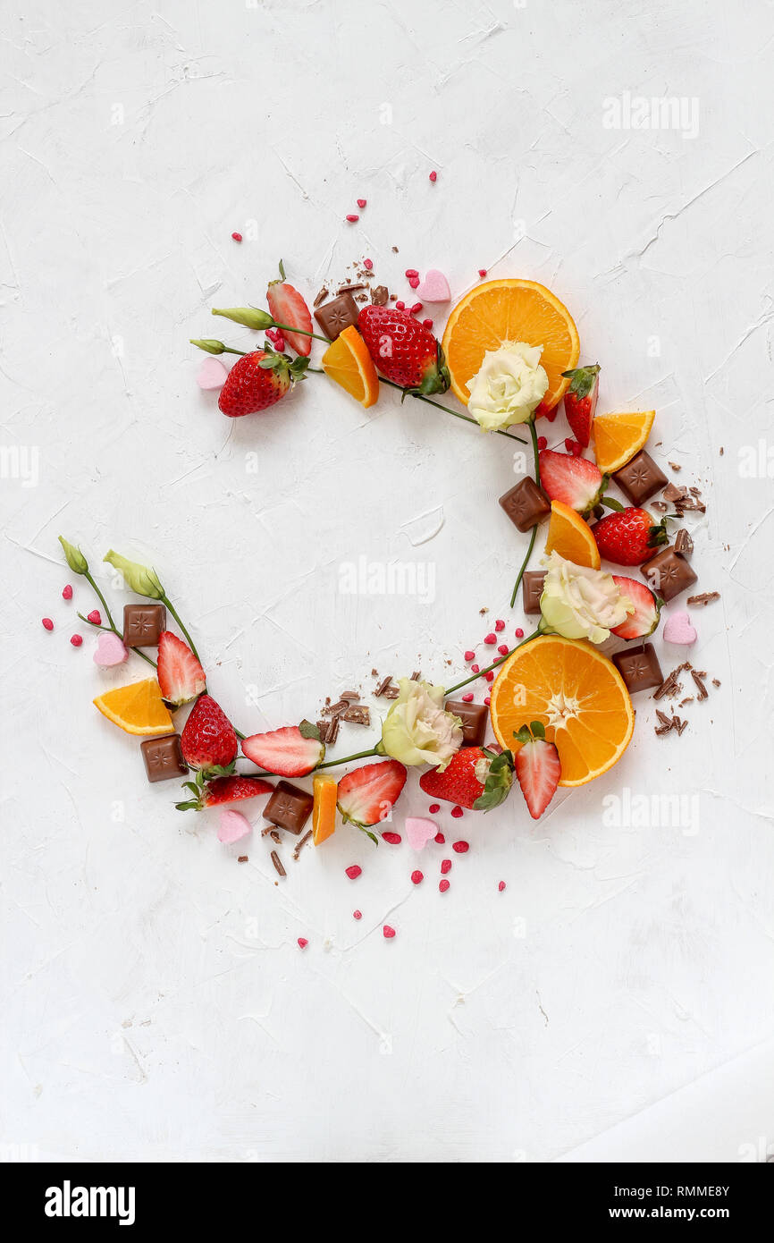 Circle composition of mixed fruits with a space in the middle on a ...