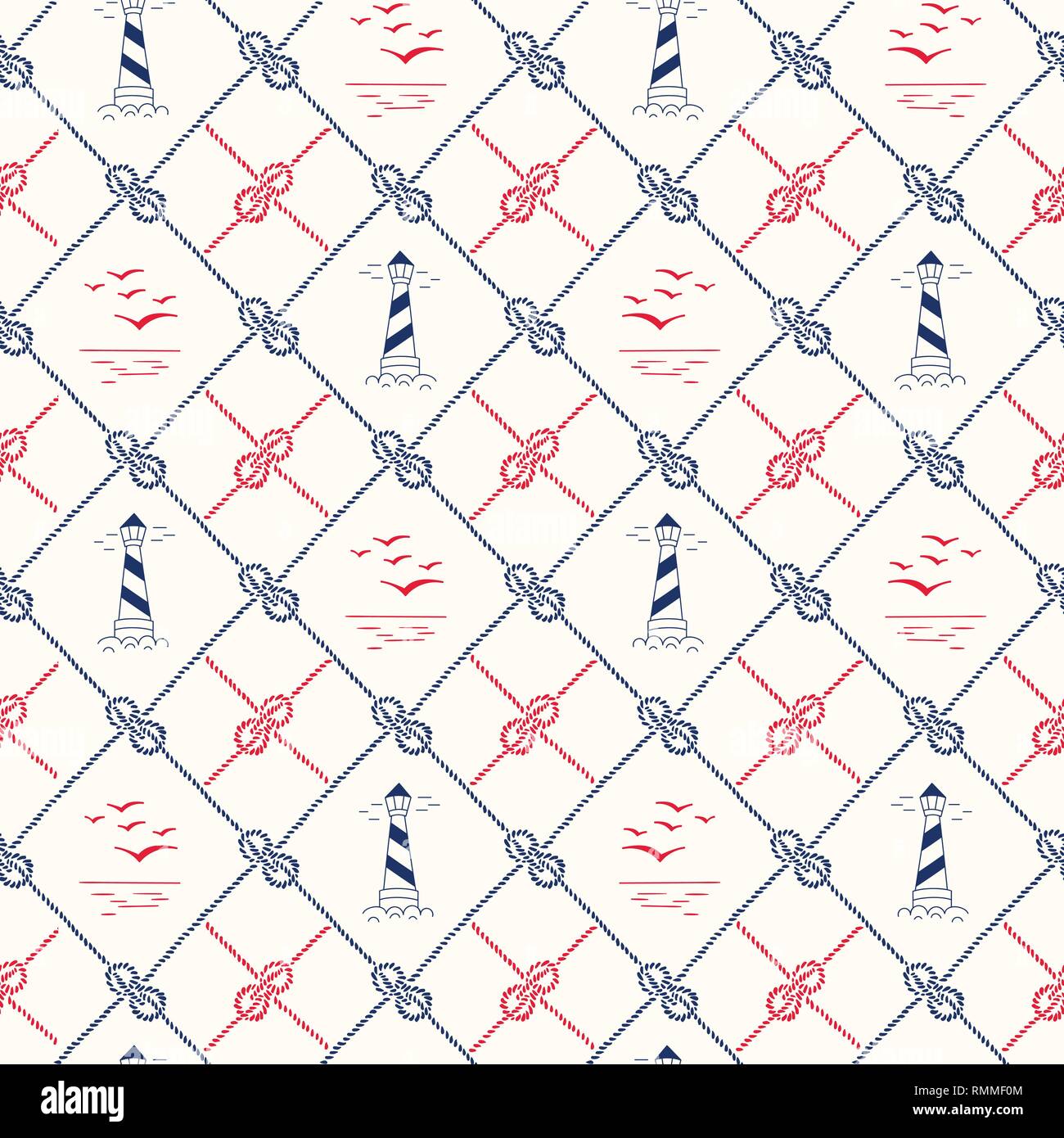 Hand-Drawn Diagonal Plaid with Sailing Ropes, Zeppelin Knots, Marine ...