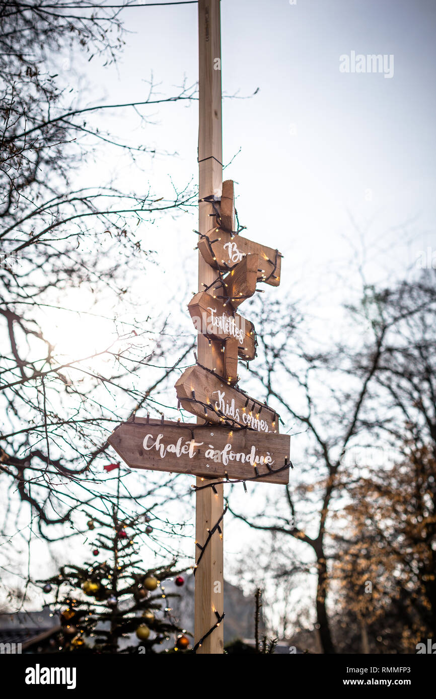 Wooden street signs, Geneva, Switzerland Stock Photo - Alamy