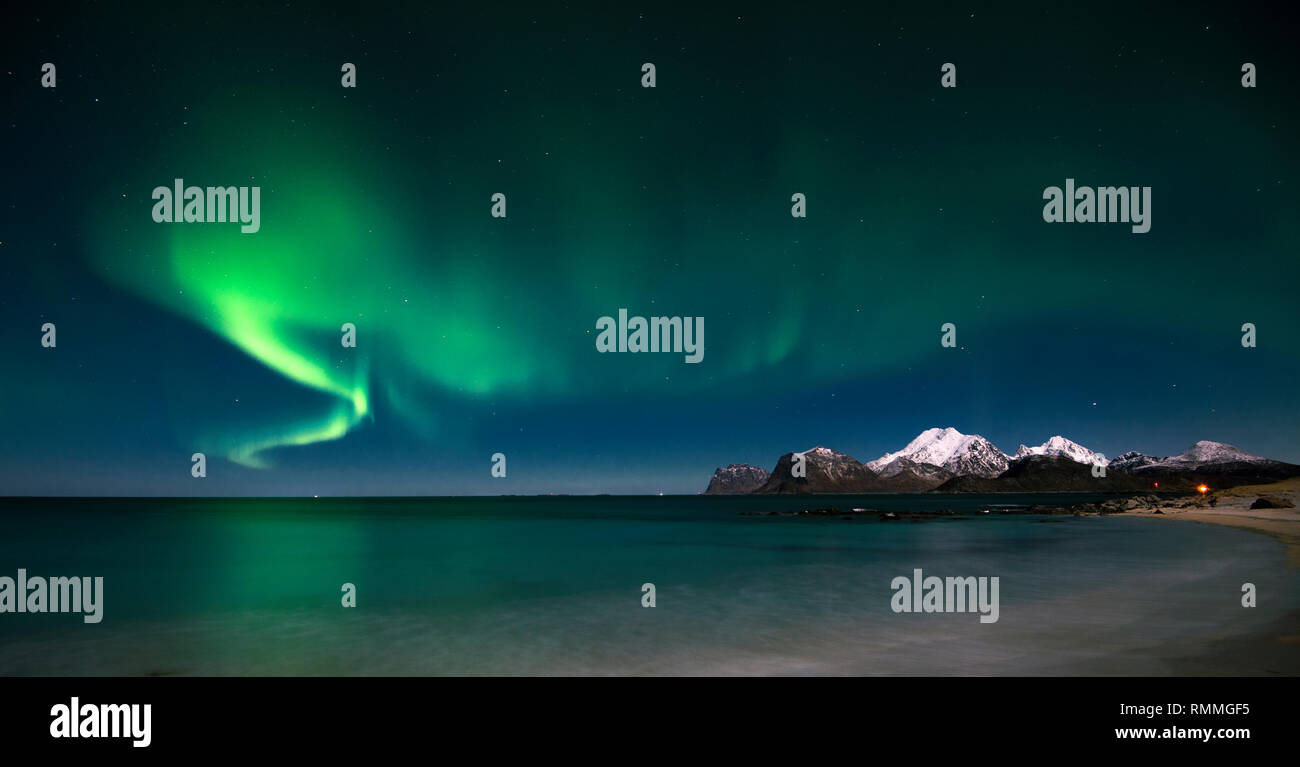 Northern lights over mountains, Lofoten, Nordland, Norway Stock Photo ...