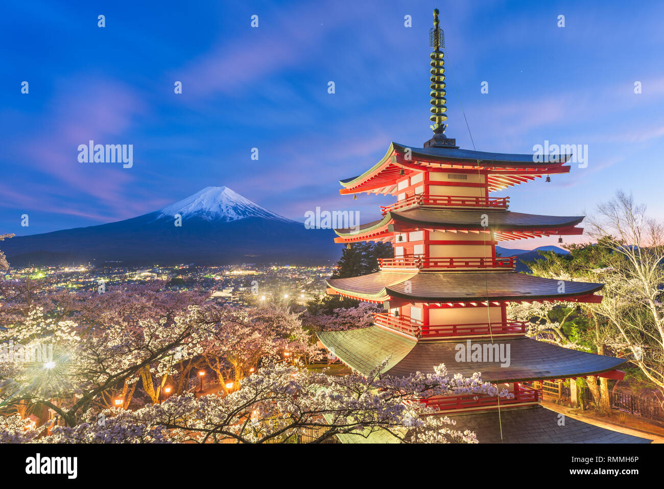 Fujiyoshida, Japan view of Mt. Fuji and pagoda in spring season with ...