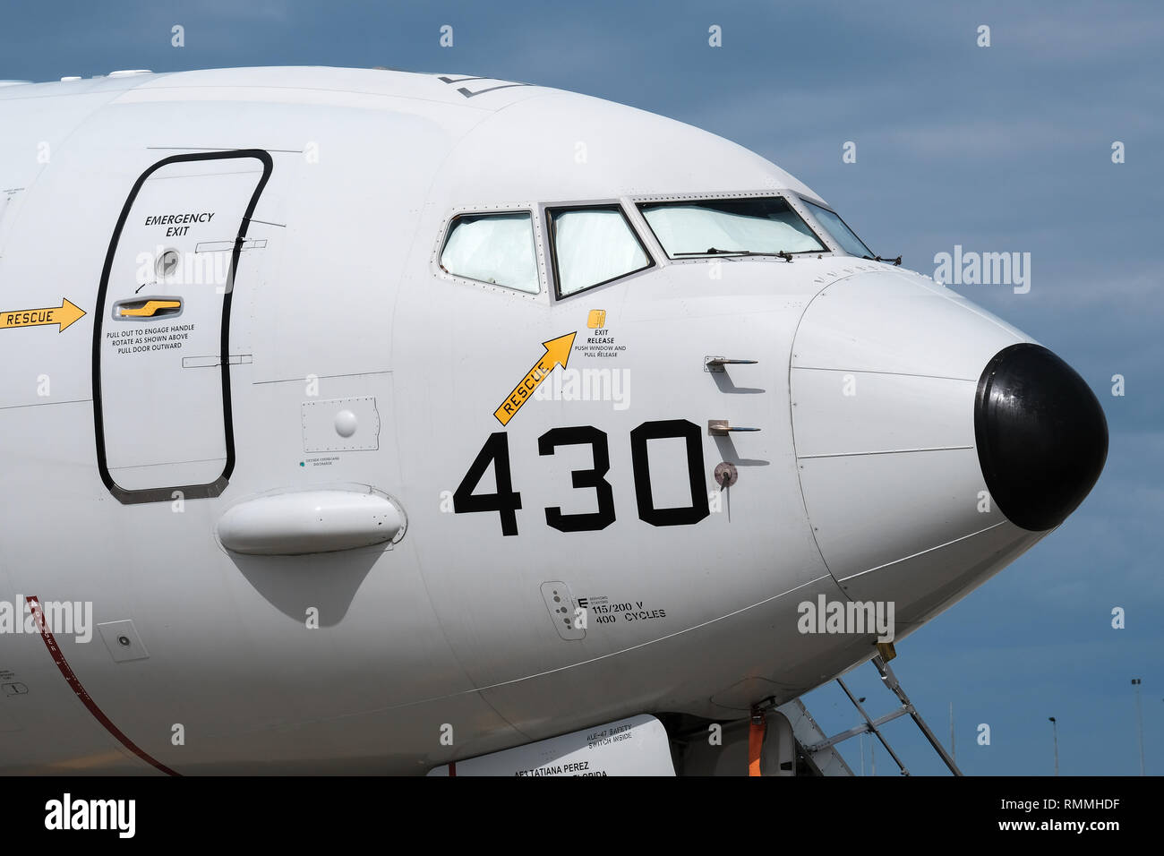 The front nose section of a Boeing P-8 Poseidon military aircraft at ...