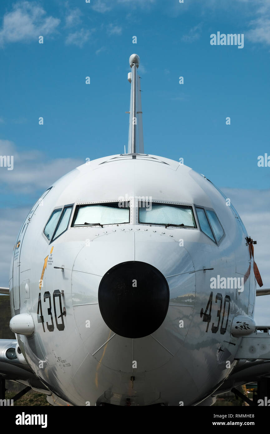 The front nose section of a Boeing P-8 Poseidon military aircraft at ...