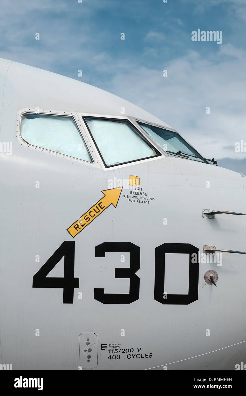 The front section and cockpit of a Boeing P-8 Poseidon military ...