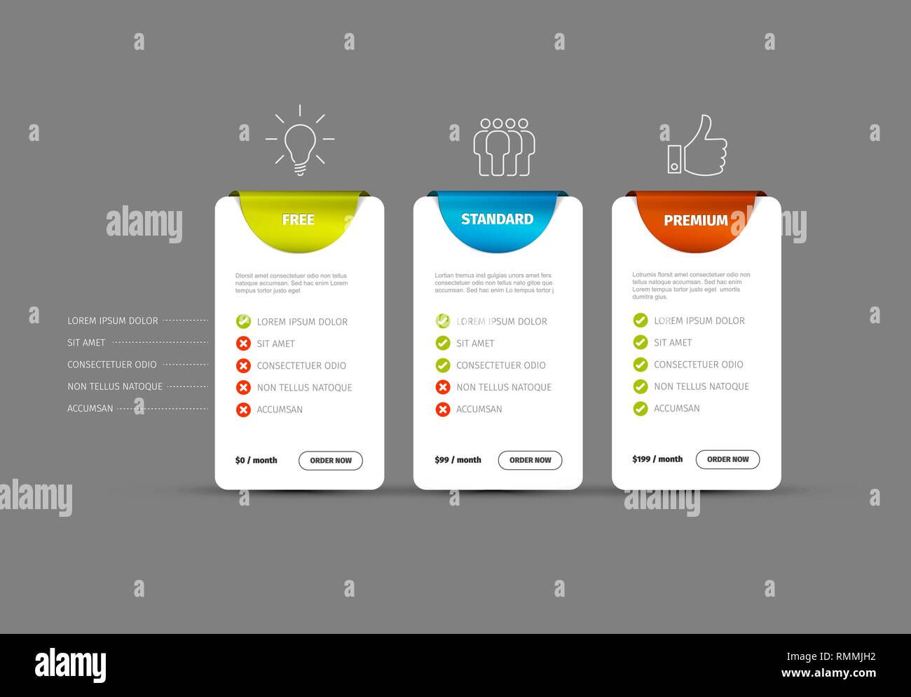 Product / service price comparison cards with description and icons ...