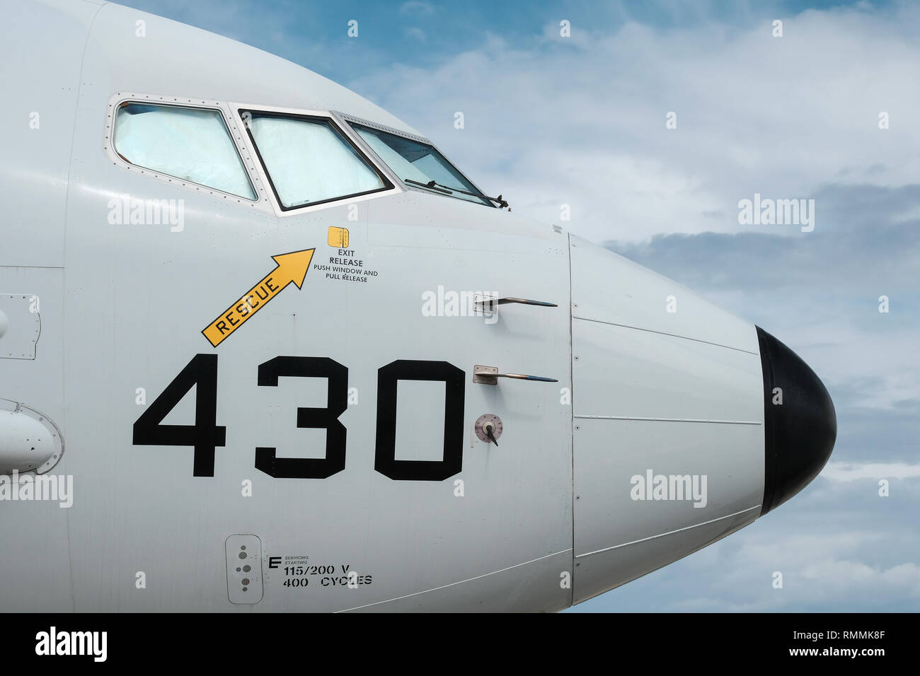 The front nose section of a Boeing P-8 Poseidon military aircraft at ...