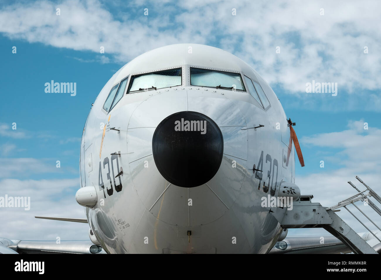 The front nose section of a Boeing P-8 Poseidon military aircraft at ...