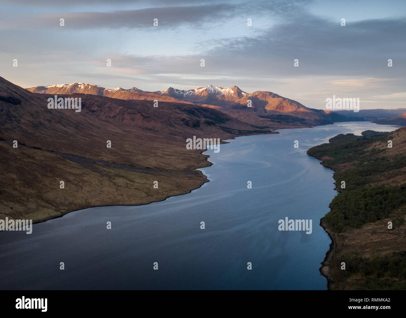 Aerial view of Loch Etive, at the end of Glen Etive, as dawn breaks ...