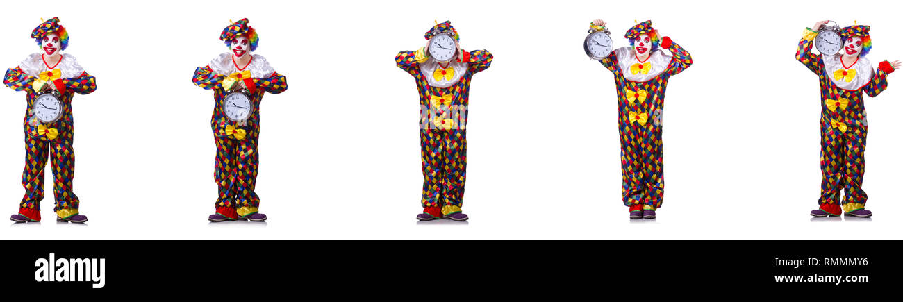Funny male clown with alarm-clock Stock Photo - Alamy