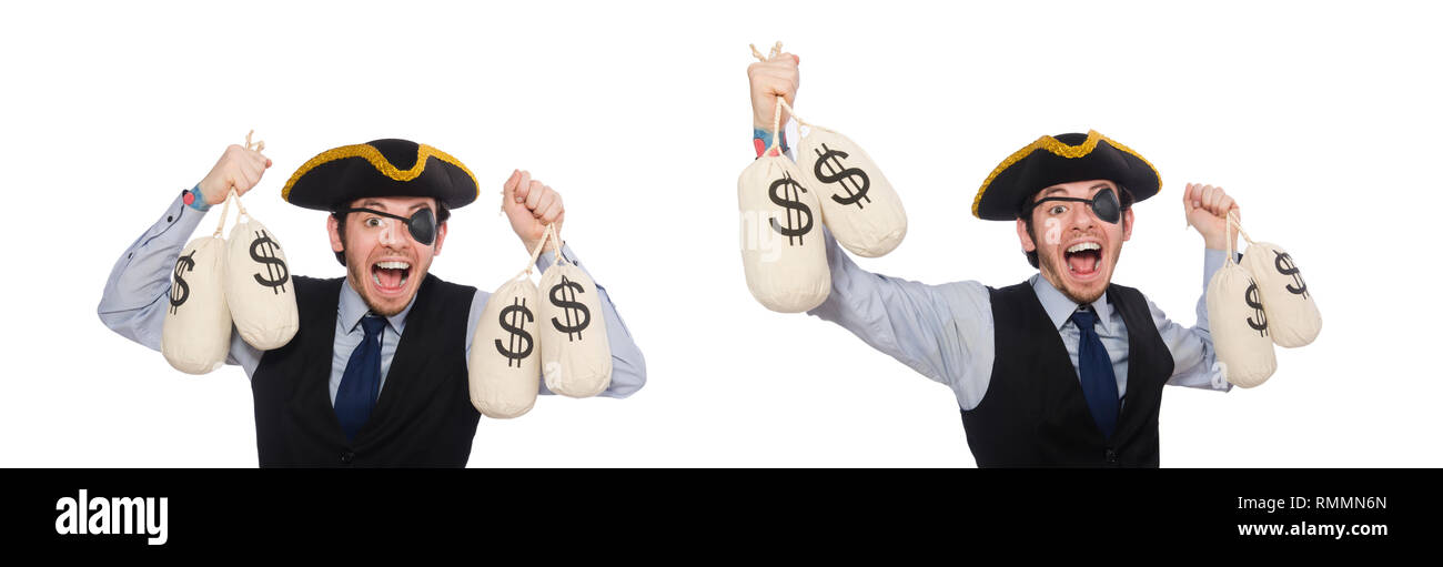 One-eyed man with moneybags isolated on white Stock Photo - Alamy