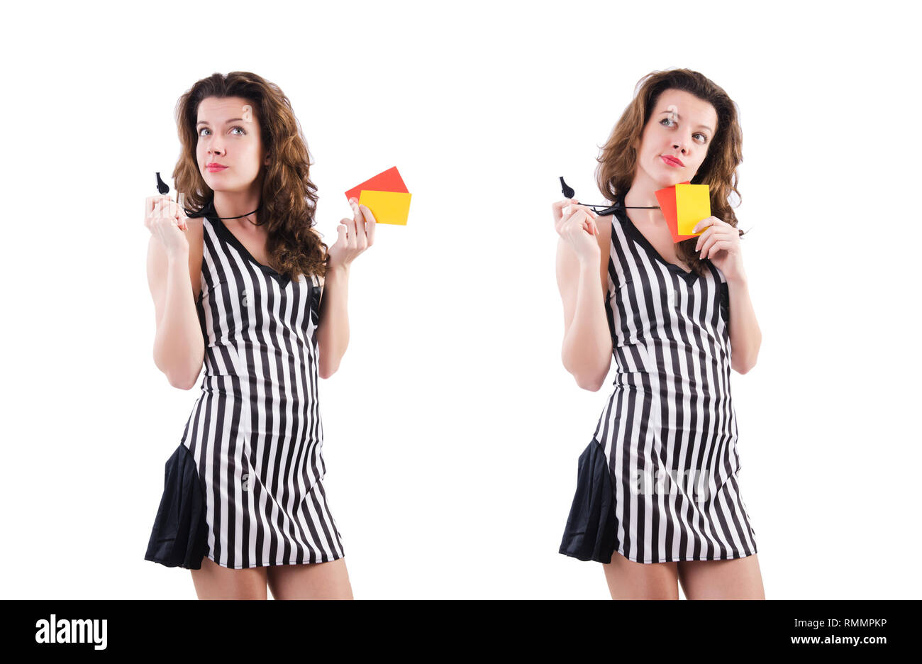 Woman referee with card on white Stock Photo - Alamy