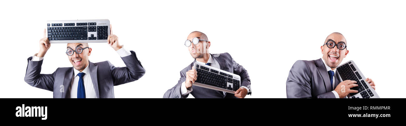 Nerd businessman with computer keyboard on white Stock Photo - Alamy
