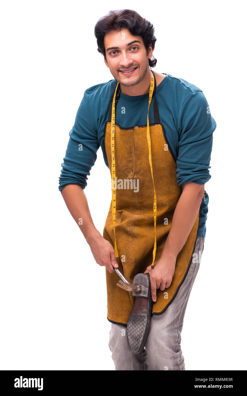 Young handsome shoemaker isolated on white Stock Photo - Alamy