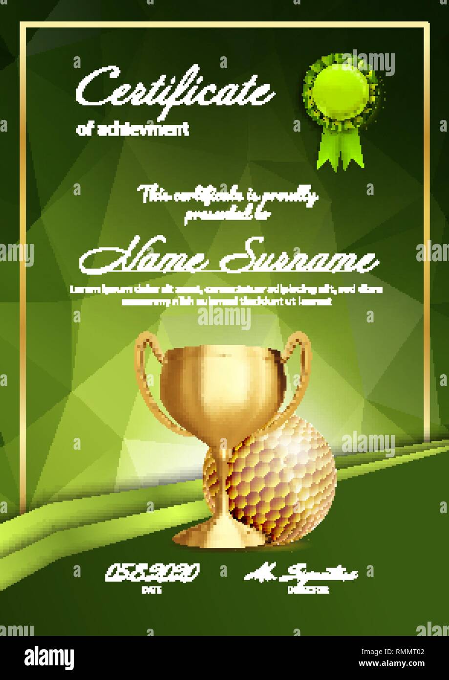 Golf Certificate Diploma With Golden Cup Vector. Sport Vintage ...
