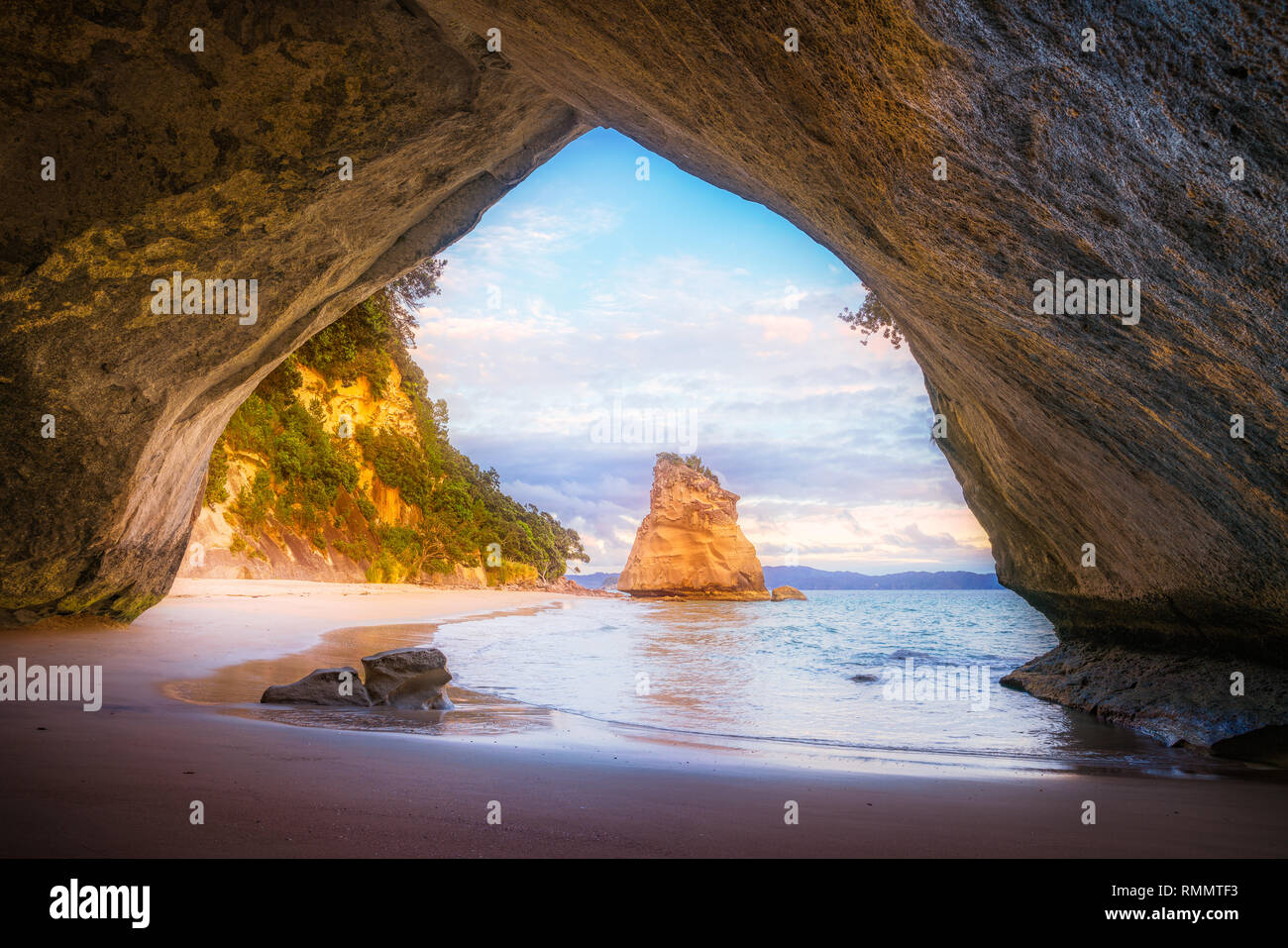 view from the cave at cathedral cove beach,coromandel,new zealand Stock ...