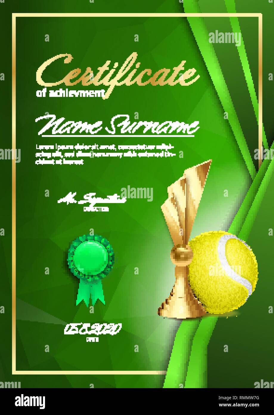 Tennis Certificate Diploma With Golden Cup Vector. Sport Award Template ...
